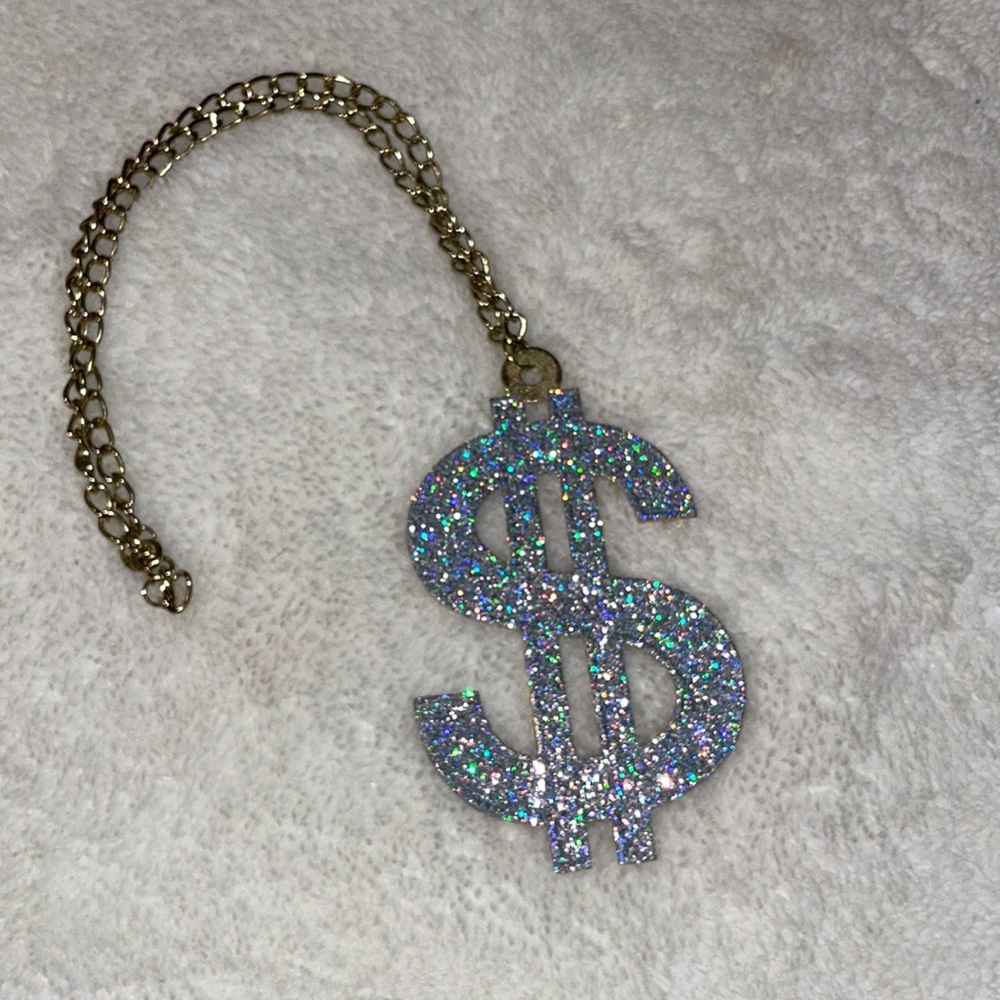 Gold Sparkle Dollar Sign Chain Pendant - Gem